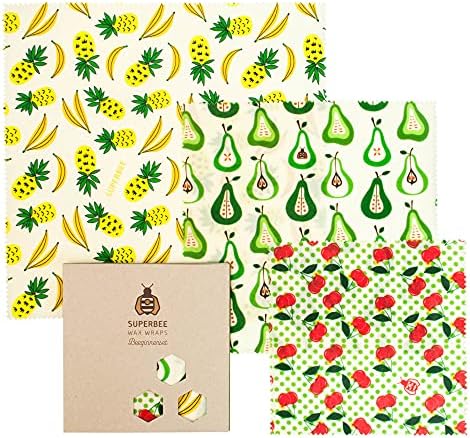 SUPERBEE Beeswax Wrap for Food, Set of 3 Bees Wax Wraps, Reusable Bees ...