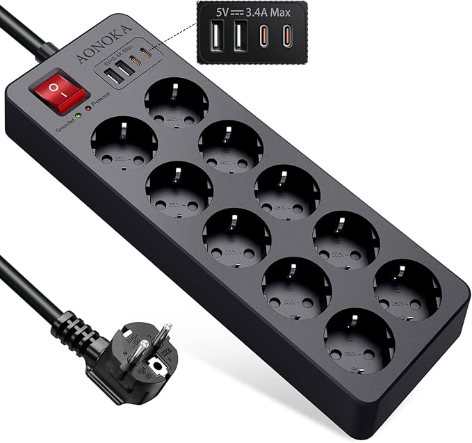 Oorkyzz Akım Korumalı Çoklu Priz - 10'lu Soketli Dağıtım Prizi, 4 USB ...