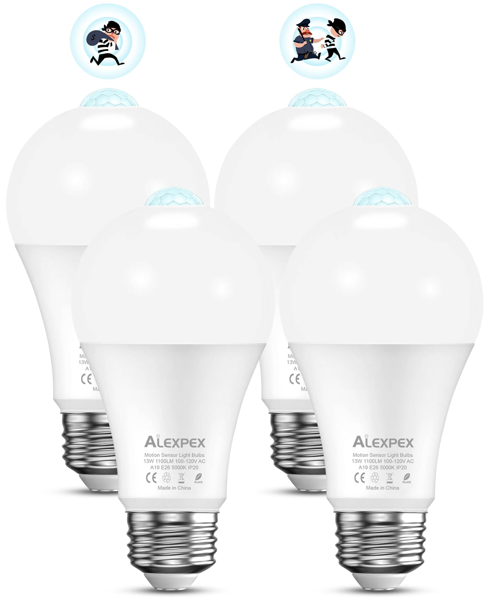 ALEXPEX Motion Sensor Light Bulbs, 13W(100W Equivalent) 1100lm Motion ...