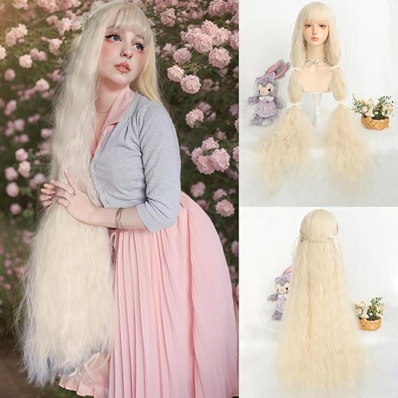 Amazon.com : 44 Inch Extra Long Blonde Wig With Bangs - Synthetic Curly ...