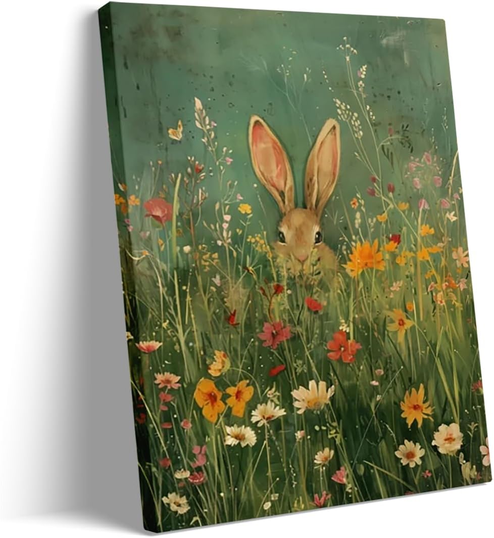 Amazon.com: Framed Rabbit in Wildflowers Canvas Print Posters Vintage ...