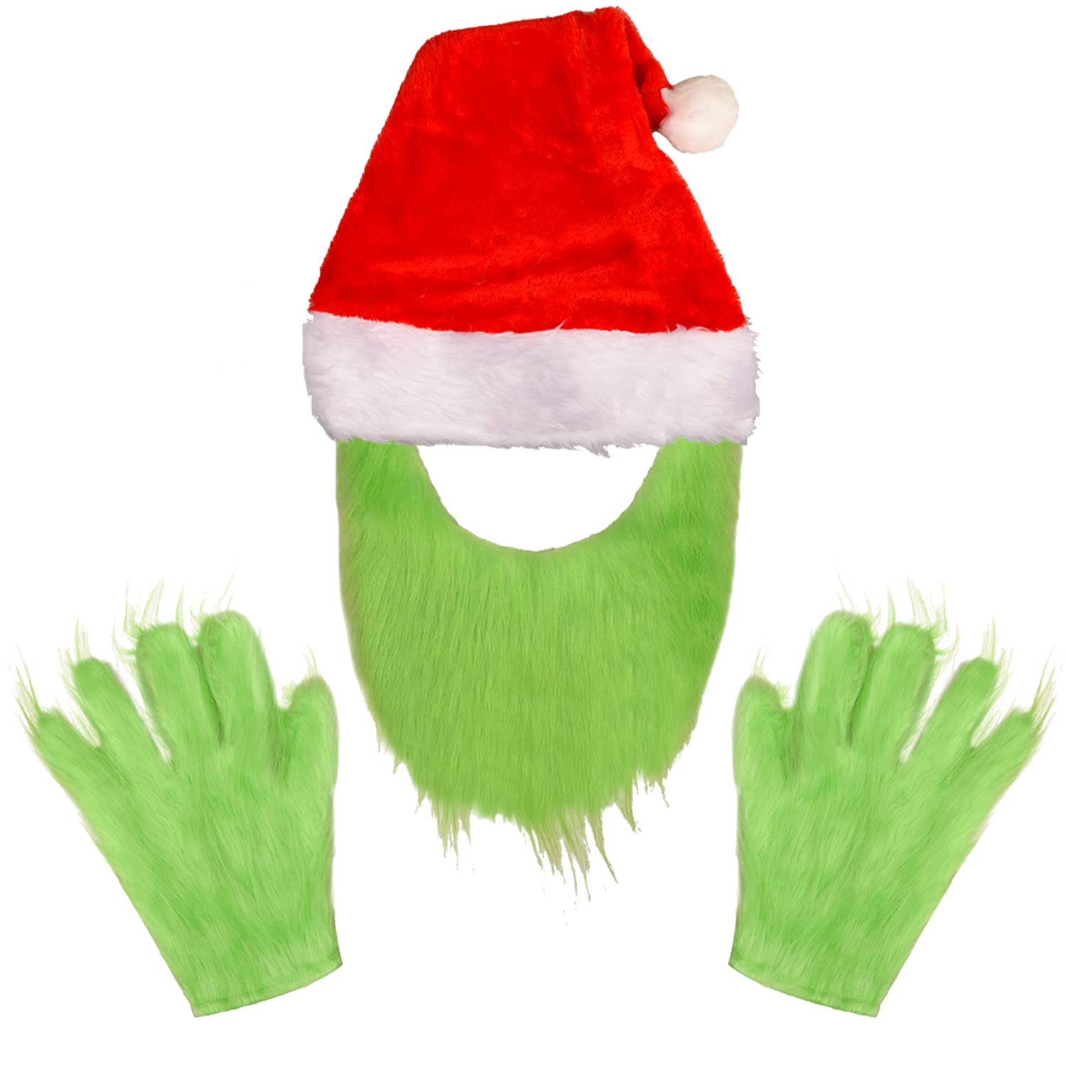 NAUZE Grinch Beard Santa Hat with Green Furry Gloves Grinch Mask Glove ...