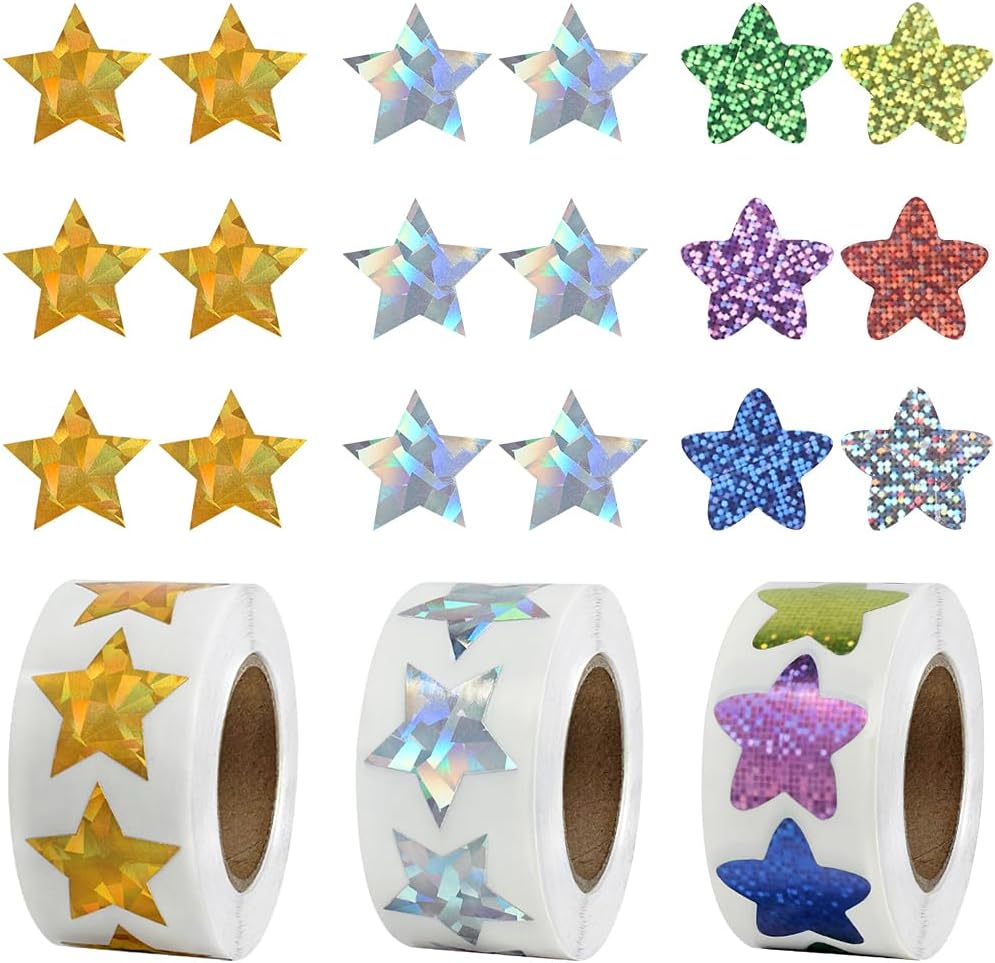 1500PCS Shiny Reward Stickers, IKR 3 Roll Motivational Holographic Star ...