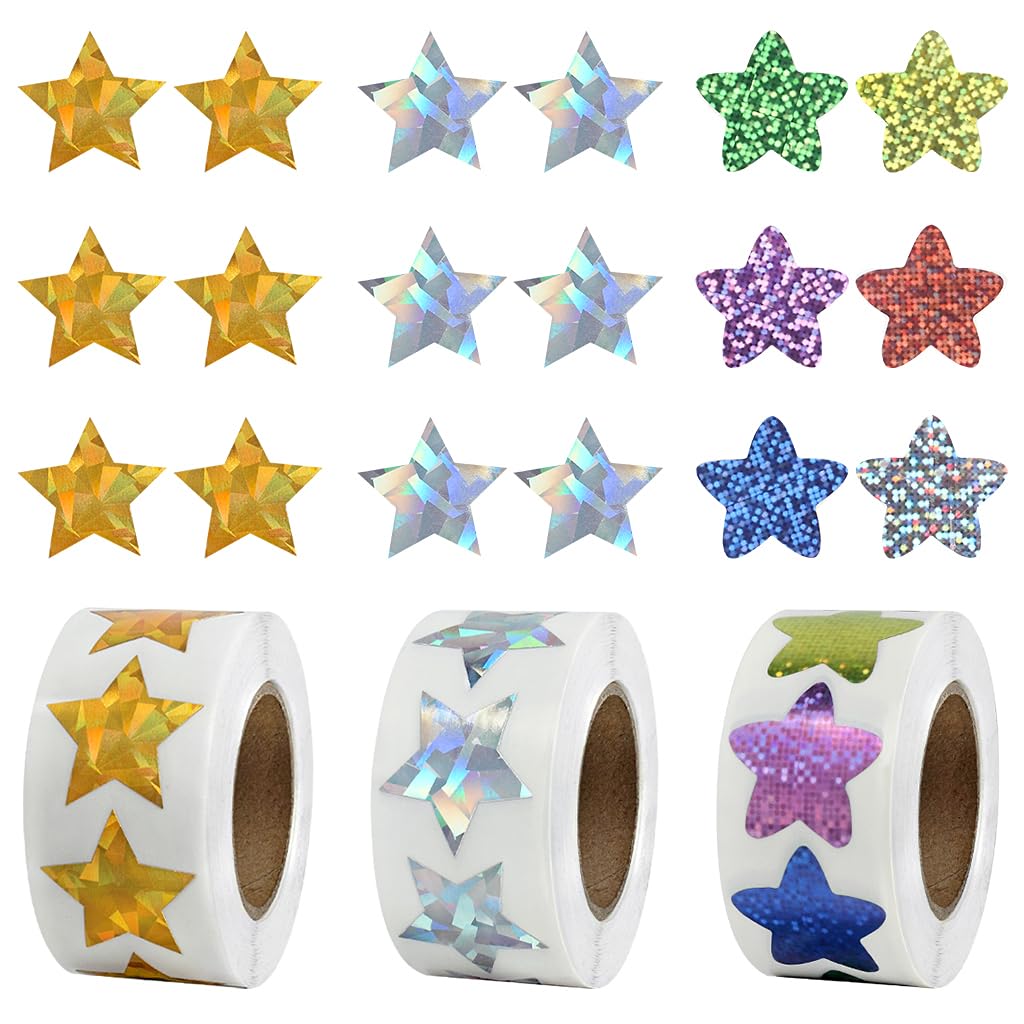 1500PCS Shiny Reward Stickers, IKR 3 Roll Motivational Holographic Star ...