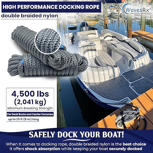 Snapklik.com : WavesRx 3/8 X 15 (2PK) Premium Dock Lines For Boat & PontoonDouble Braided Nylon ...