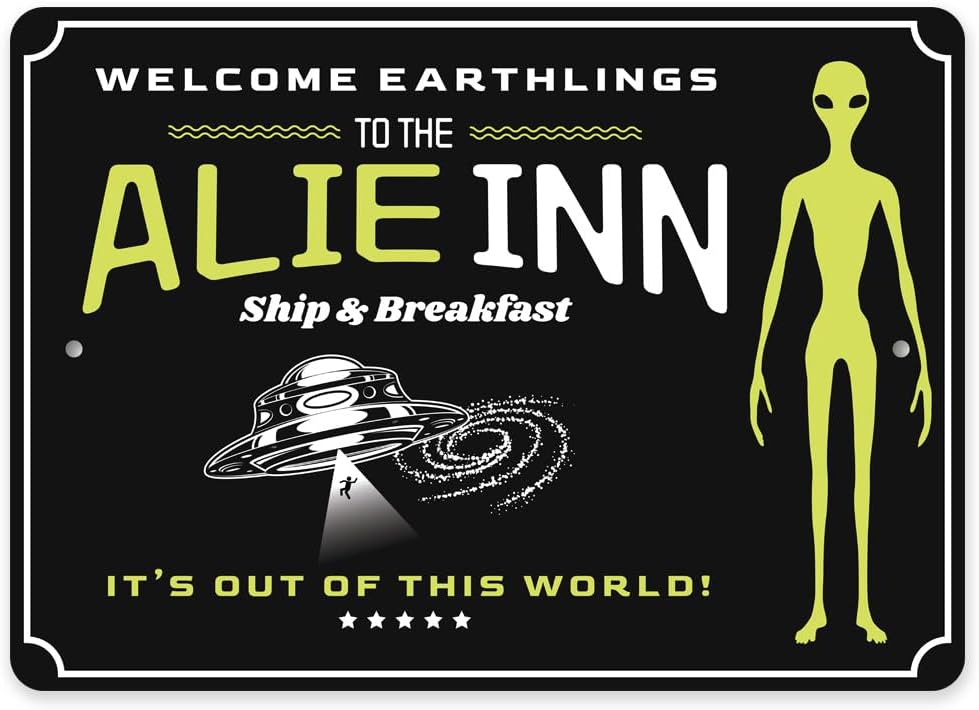 Amazon.com: Welcome Earthlings Alie Inn Spaceship Decor Metal Sign - 8 ...