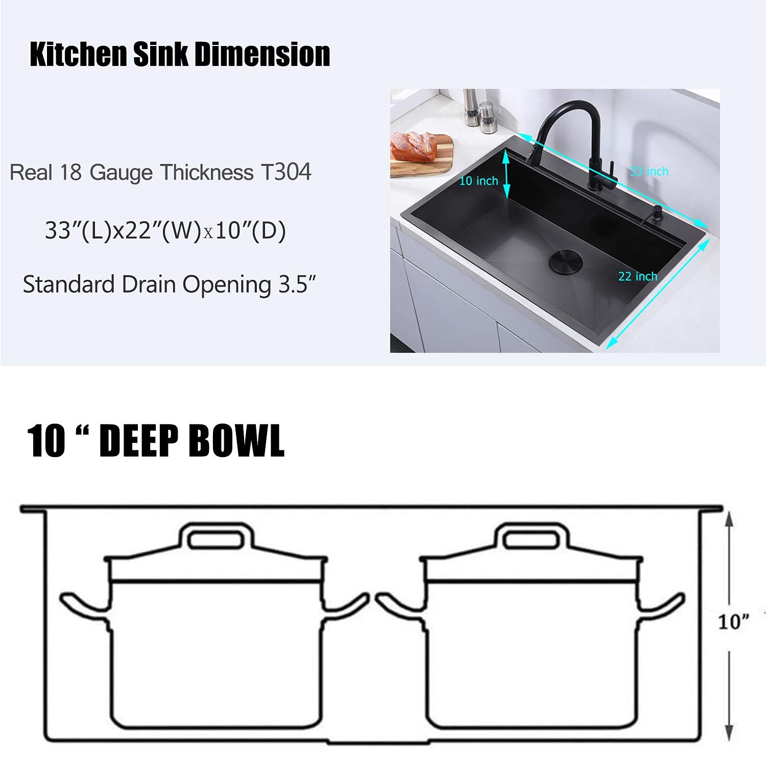 VAPSINT 33 x 22 inch Large Single Bowl Topmount Black Drop in Kitchen ...