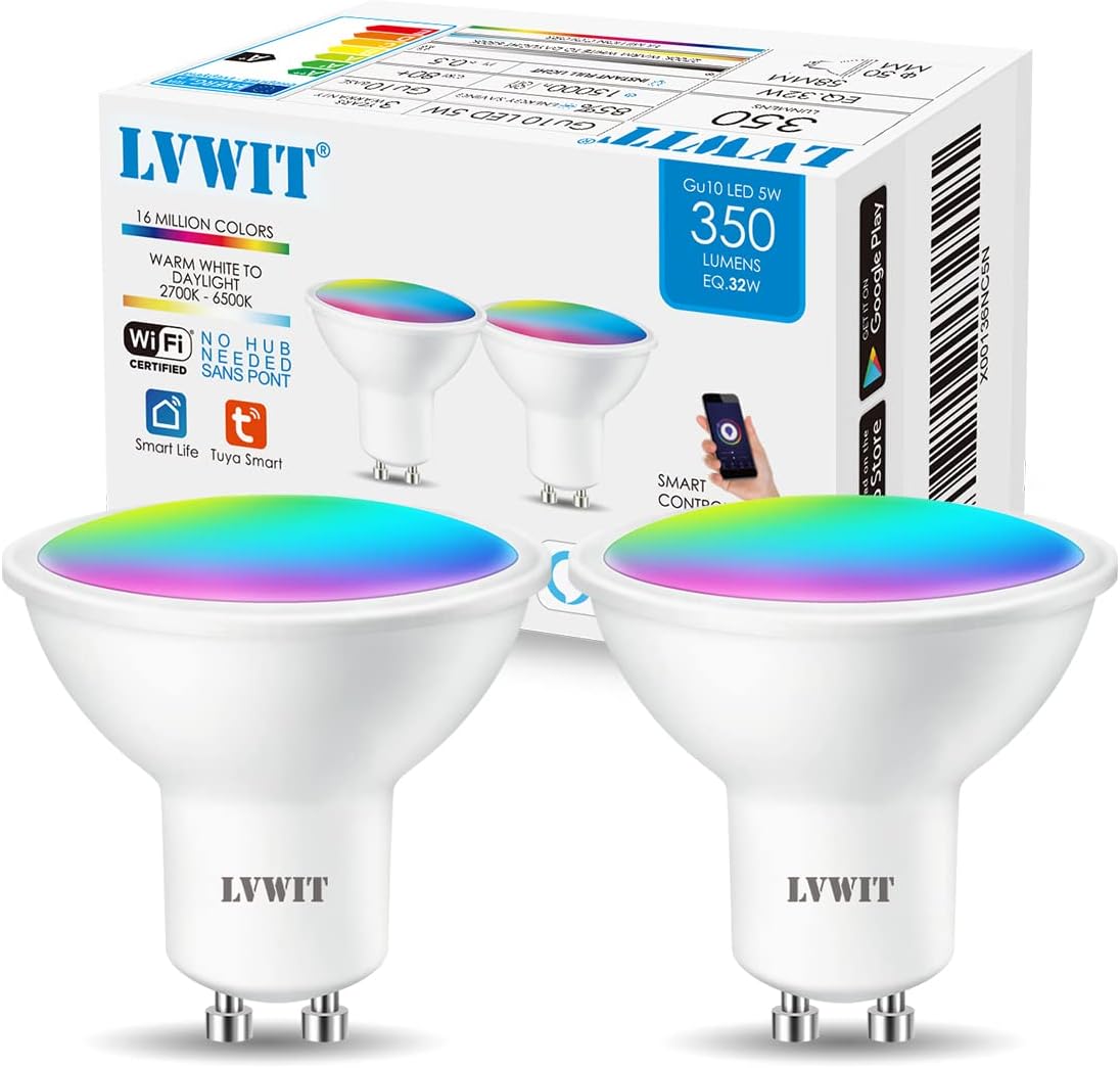 LVWIT GU10 WiFi Bulbs,Smart GU10 led Bulbs,RGB Smart Bulb GU10,5W 350Lm ...