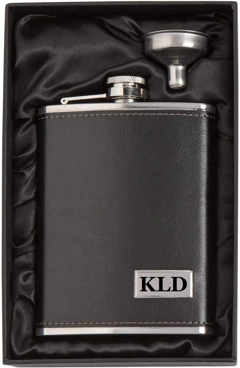Amazon.com | Custom Engraved 8 oz Black Leather Wrapped Stainless Steel ...