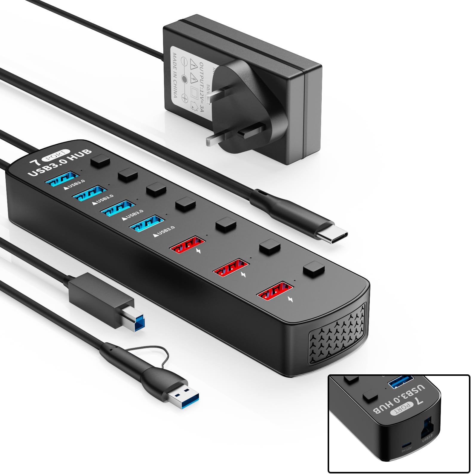 Powered USB Hub USB 3.0 Data Fast Charging Port USB Extension Splitter ...