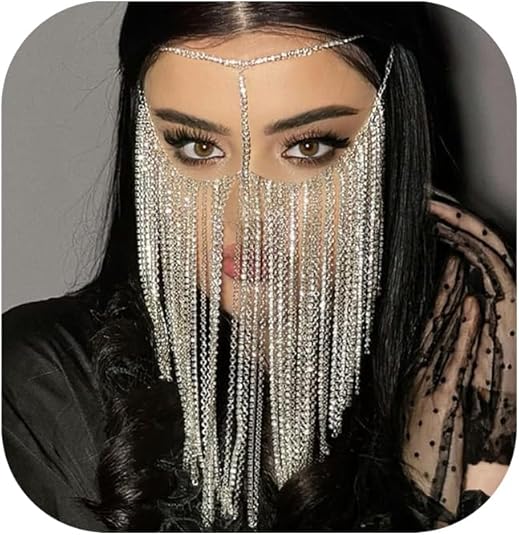 Amazon.com: Rhinestone Tassel Veil Masks Women Headwear Rhinestone Face ...