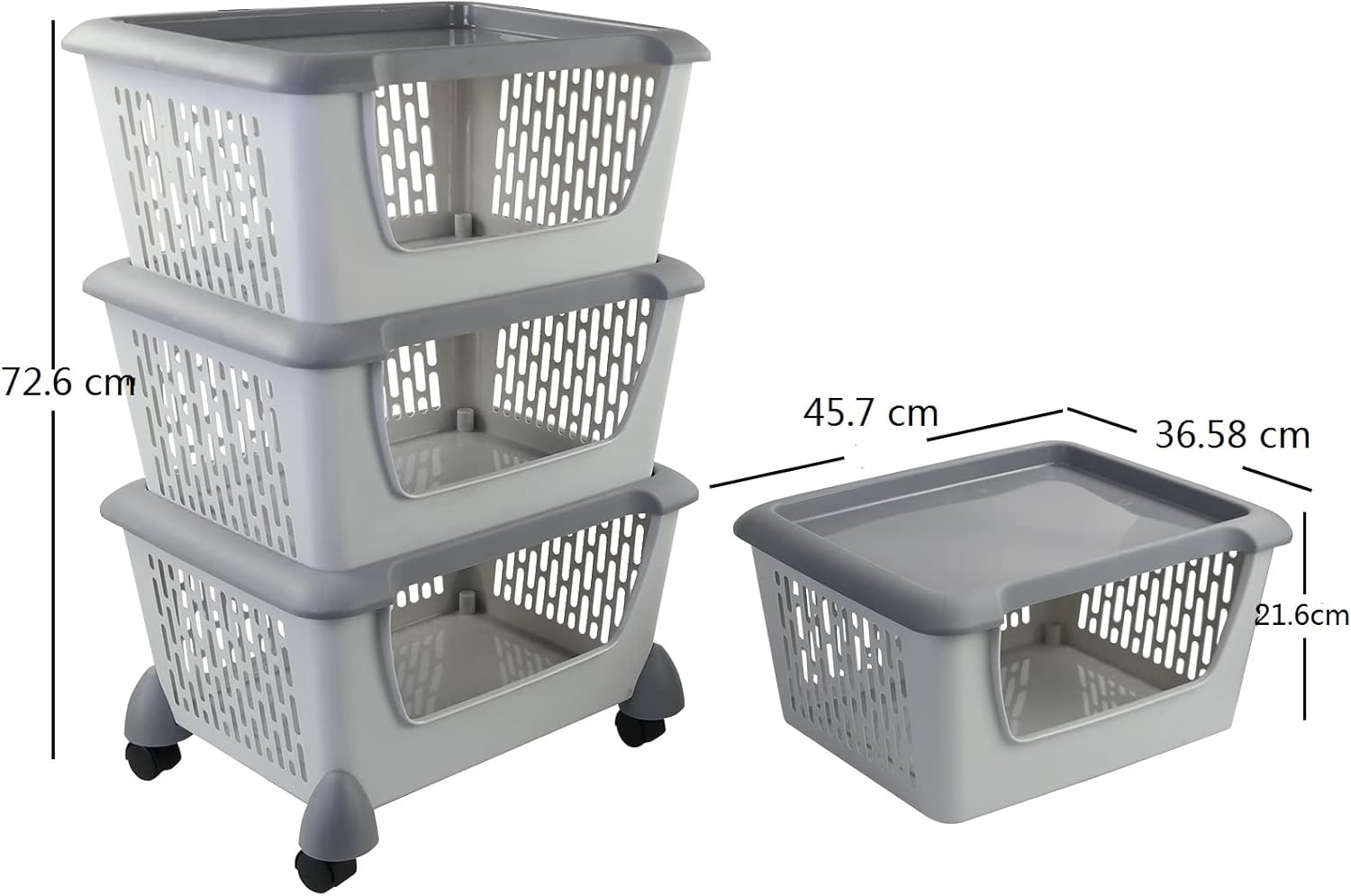 Buy Saedy 3 Tier Stacking Storage Basket with Wheels, Grey Kitchen ...