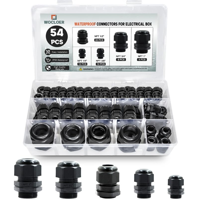 Snapklik.com : 54 Pcs Cord Grip Cable Glands Kit, 1/4 3/8 1/2 3/4 1 NPT ...
