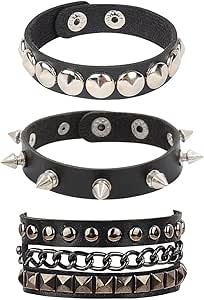 Amazon.com: 3 Pcs PU Leather Punk Bracelets Studded Wristband Bracelets ...