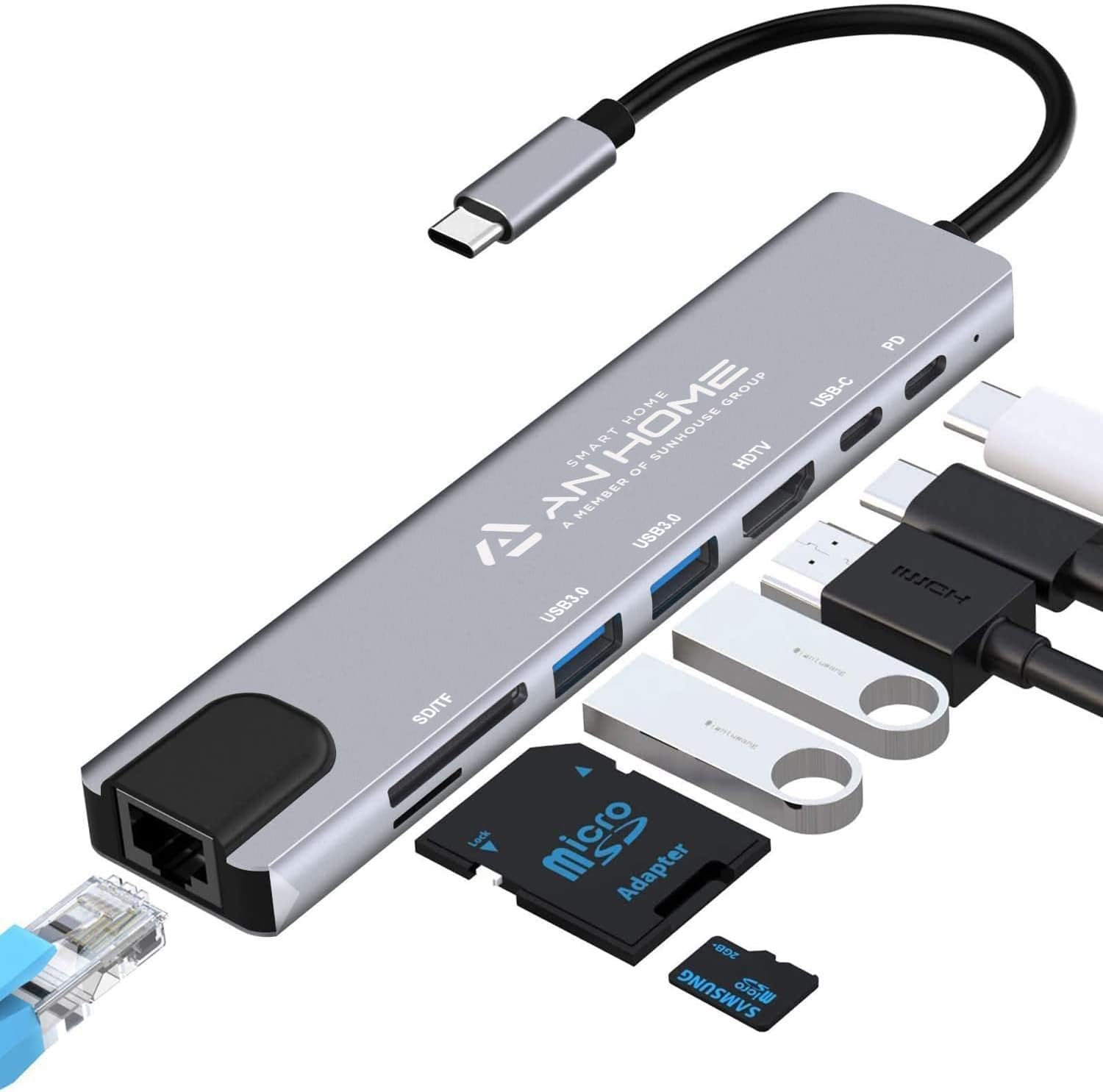 Amazon.com: AnHome USB C Hub Ethernet HDMI 4K Adapter, 8-in-1 Multiport ...