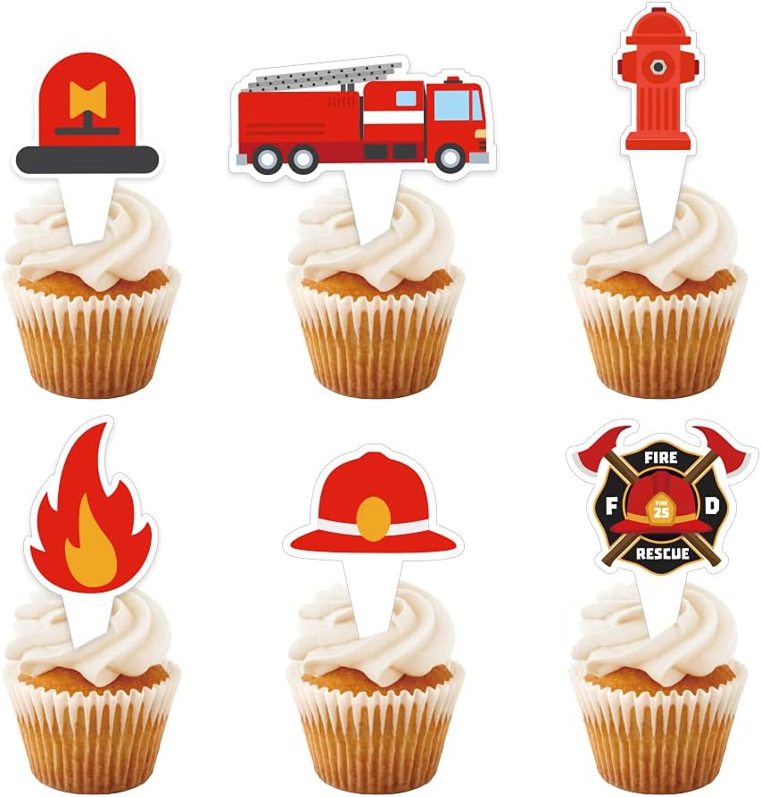 Amazon.com: 12 Pcs Fire Truck Cupcake Toppers, Firetruck Theme Birthday ...