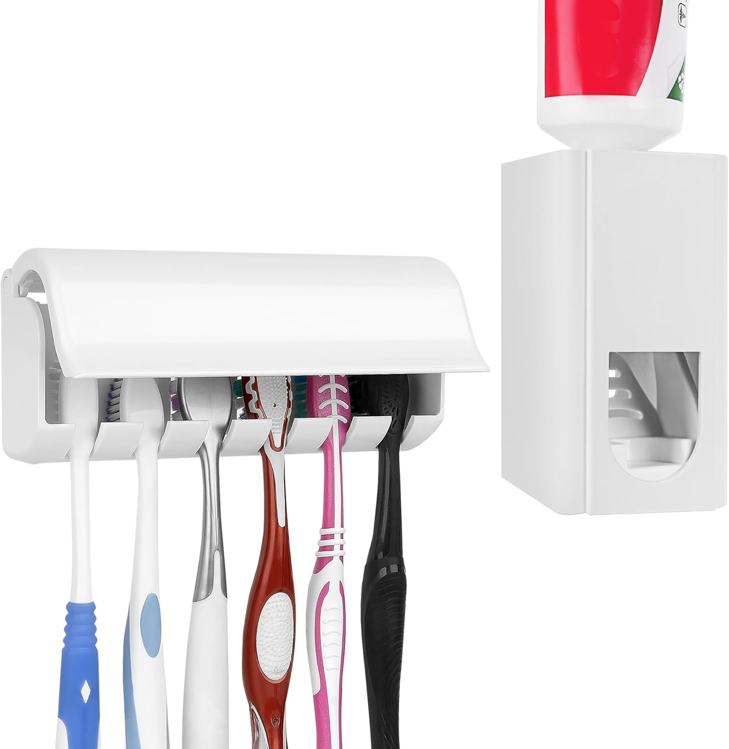 Amazon｜Linkidea 壁掛け歯ブラシホルダーと歯磨き粉ディスペンサー、プラスチック粘着式 6スロット歯ブラシ カバー付き 浴室 ...
