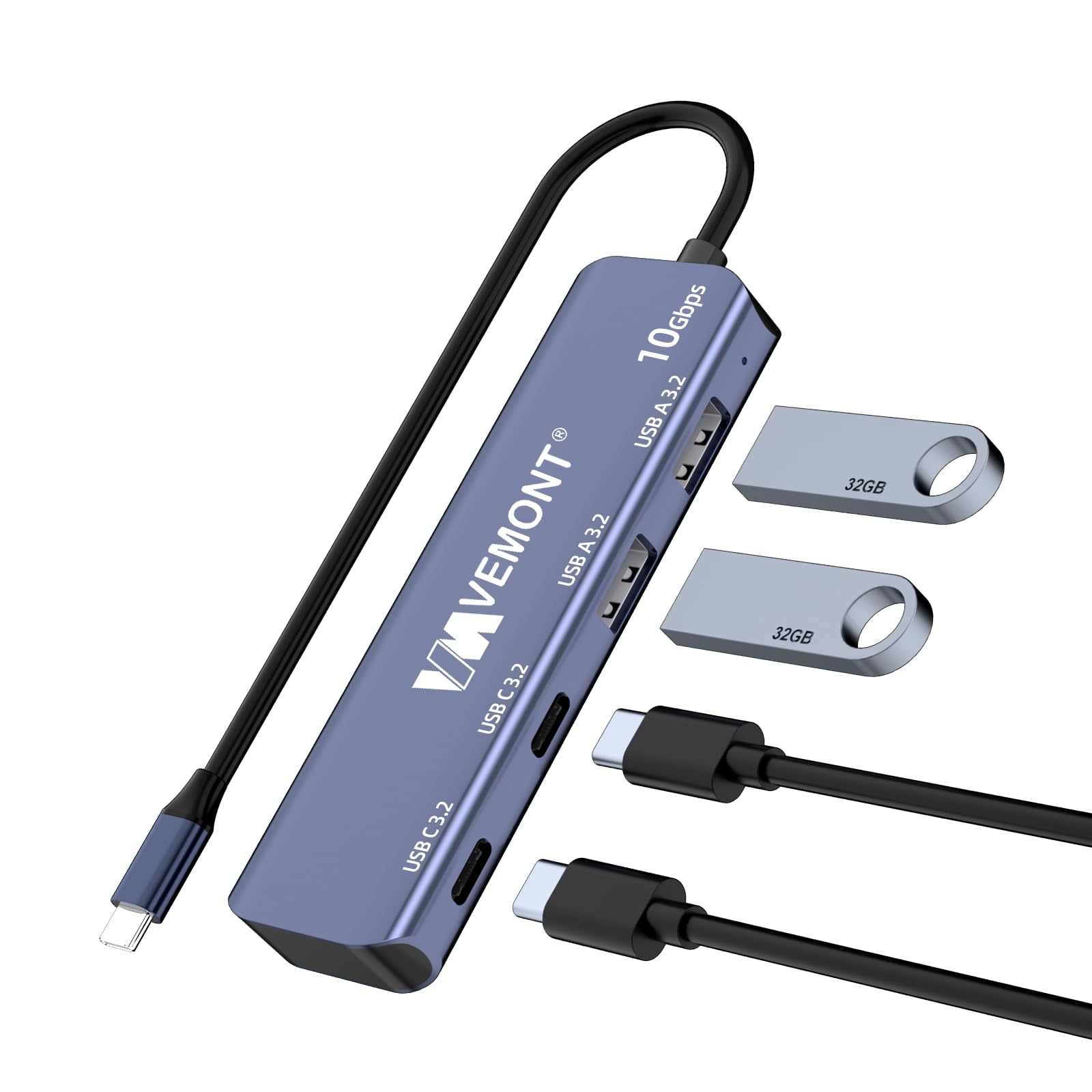 Amazon.com: USB C Hub 3.2 10Gbps, VEMONT Aluminum USB 3.2 Hub with 2 ...