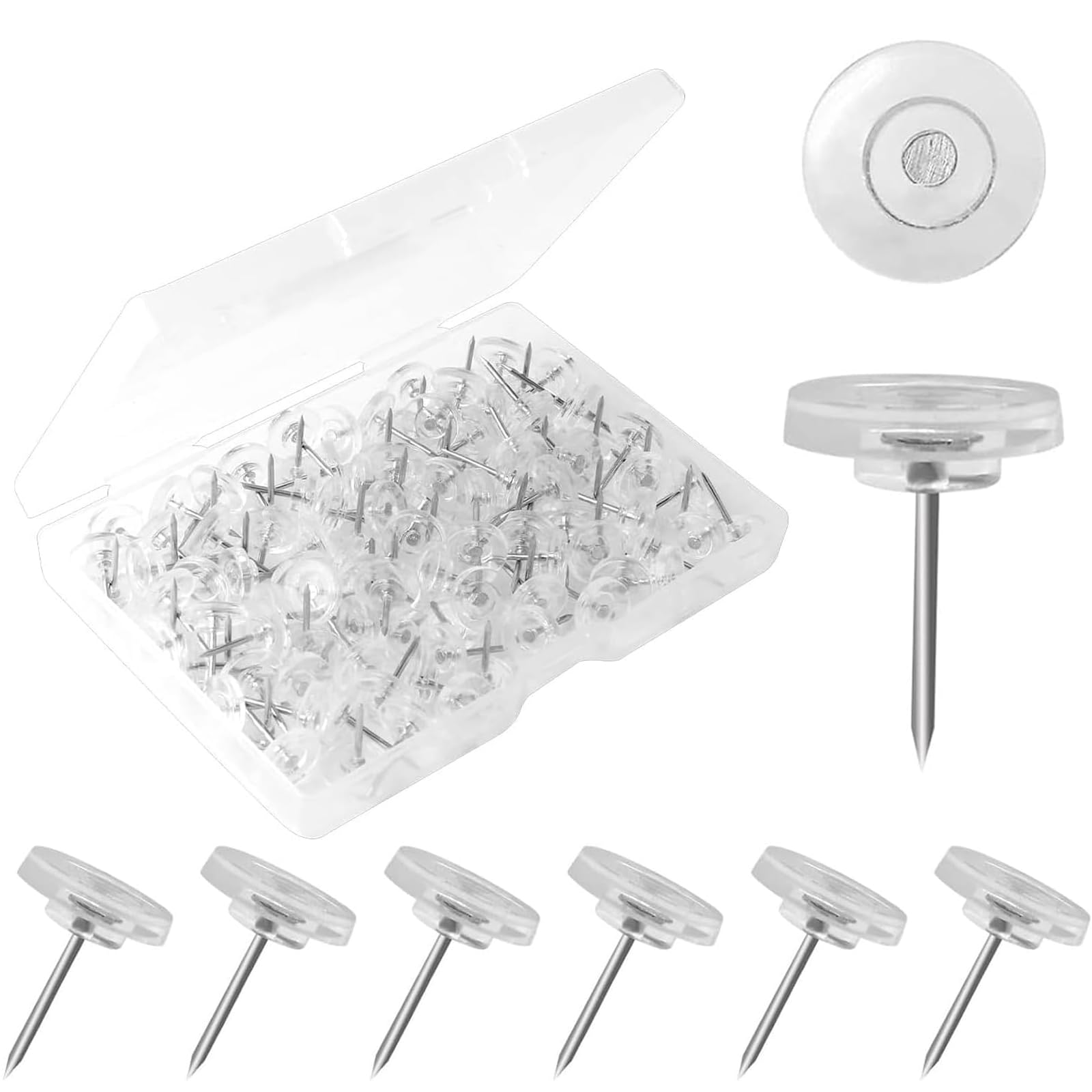 100Pcs Clear Push Pins, Round Plastic Transparent Thumb Tacks Drawing ...