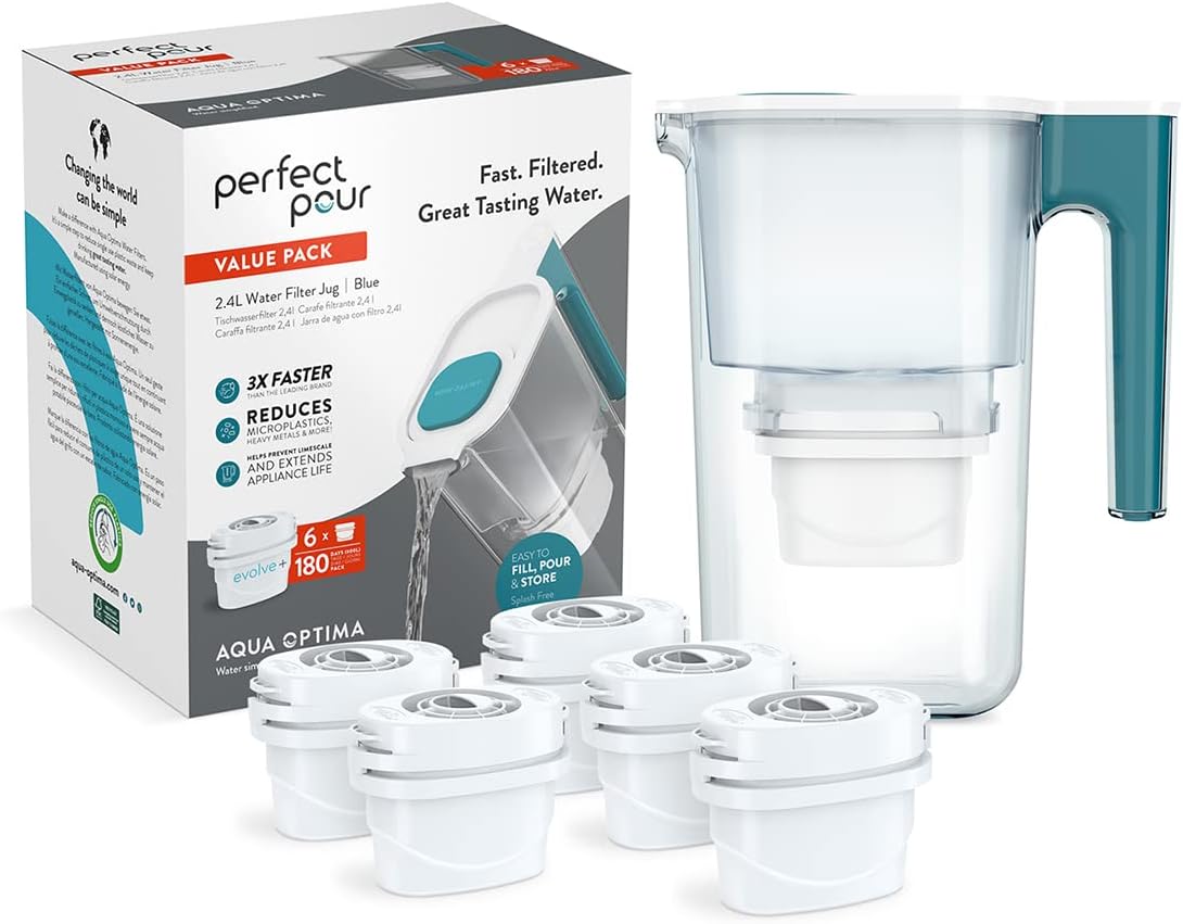 Aqua Optima Perfect Pour Water Filter Jug & 6 Evolve+ Filter Cartridges ...