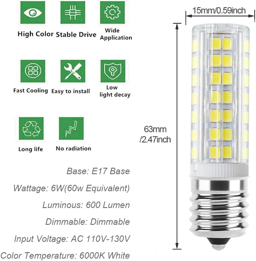 Bombillas LED E17 de 6 W para microondas, reemplaza la bombilla halógena de 125 V 40 W para ...