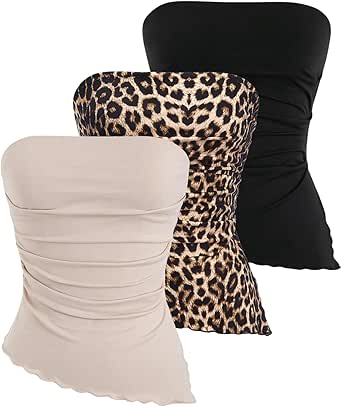 WDIRARA Women's 3 Pack Leopard Print Ruched Strapless Tube Top ...
