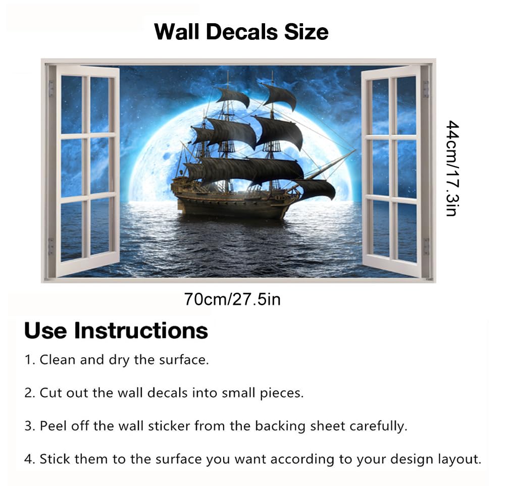 3D Pirate Ship Fake Windows Wall Sticker,Removable Ocean Sea Window ...