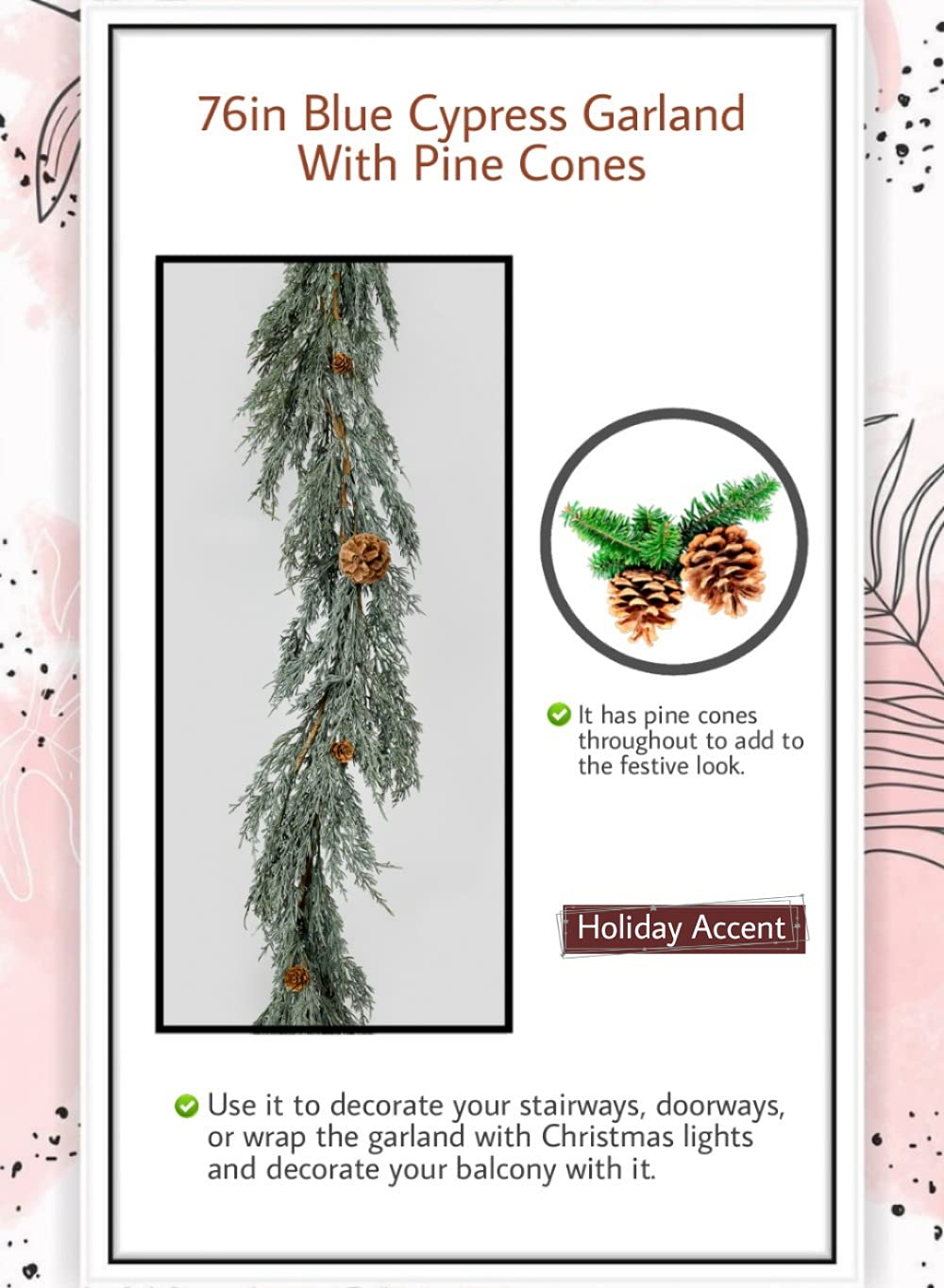 Serene Spaces Living Artificial Blue Cypress Garland with Pine Cones ...