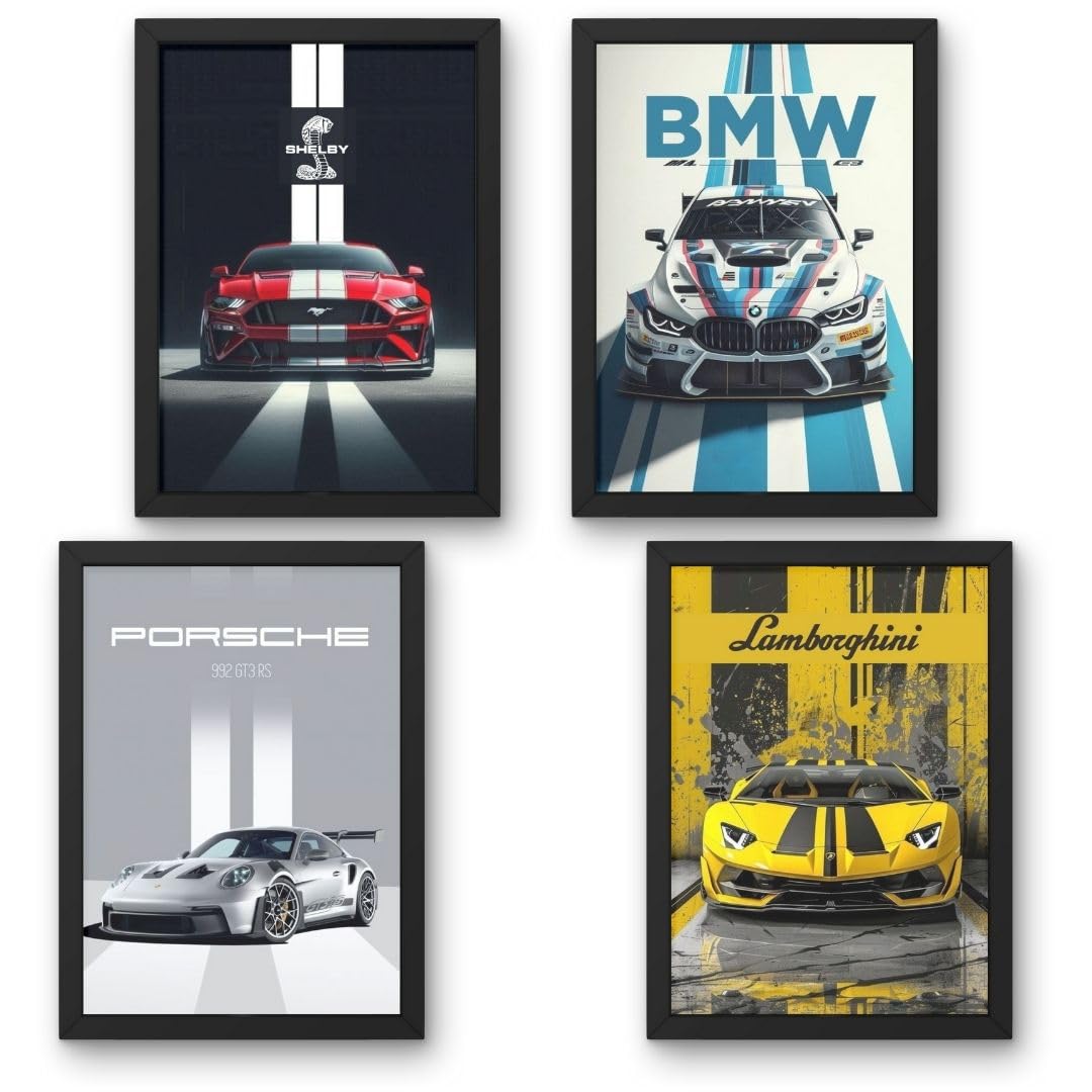 4 Framed Supercar Posters Set | Lamborghini, Porsche, Mustang, BMW,A5 ...
