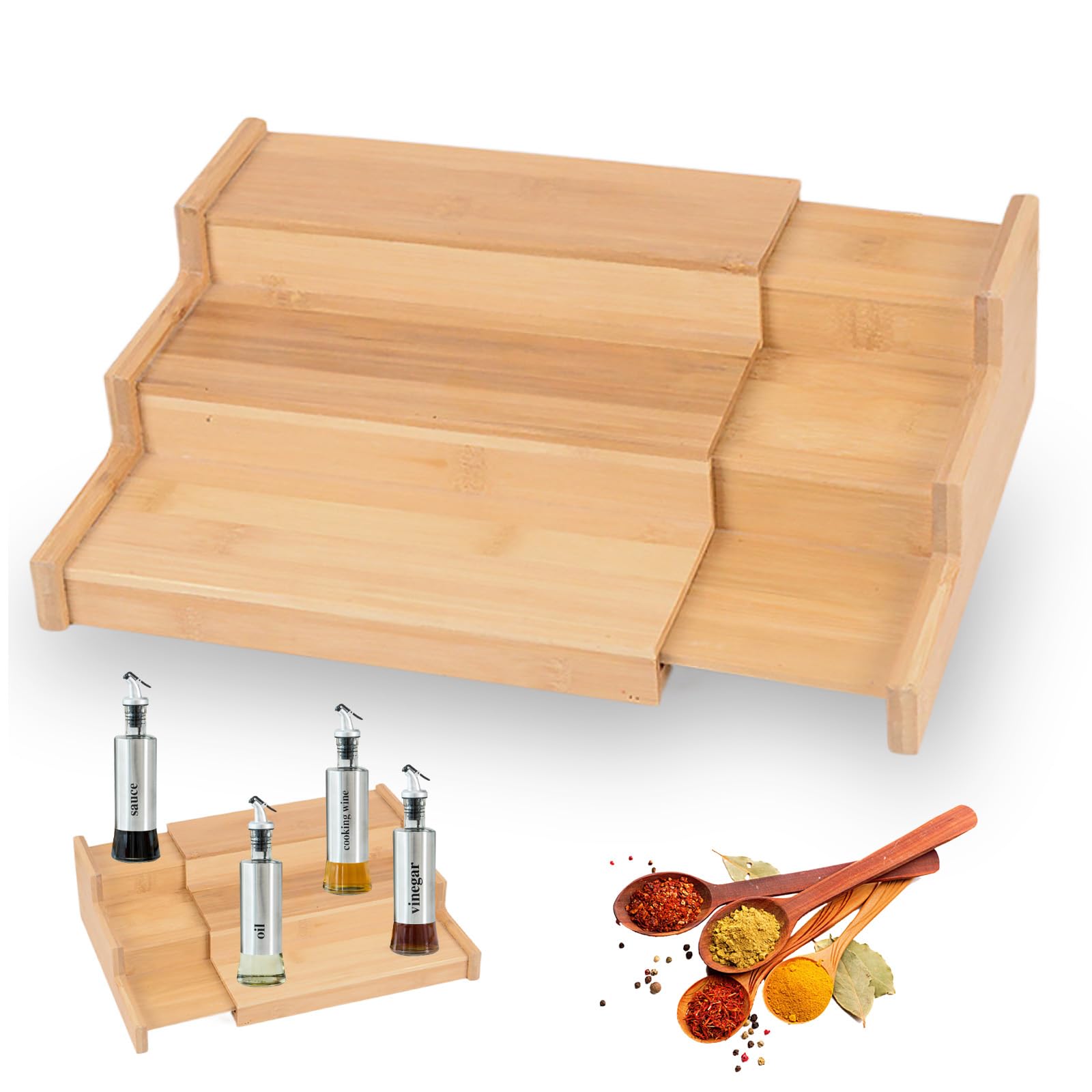 Vegena Spice Rack Kitchen Cabinet Organizer, Bamboo Wood 3-Tier Step ...