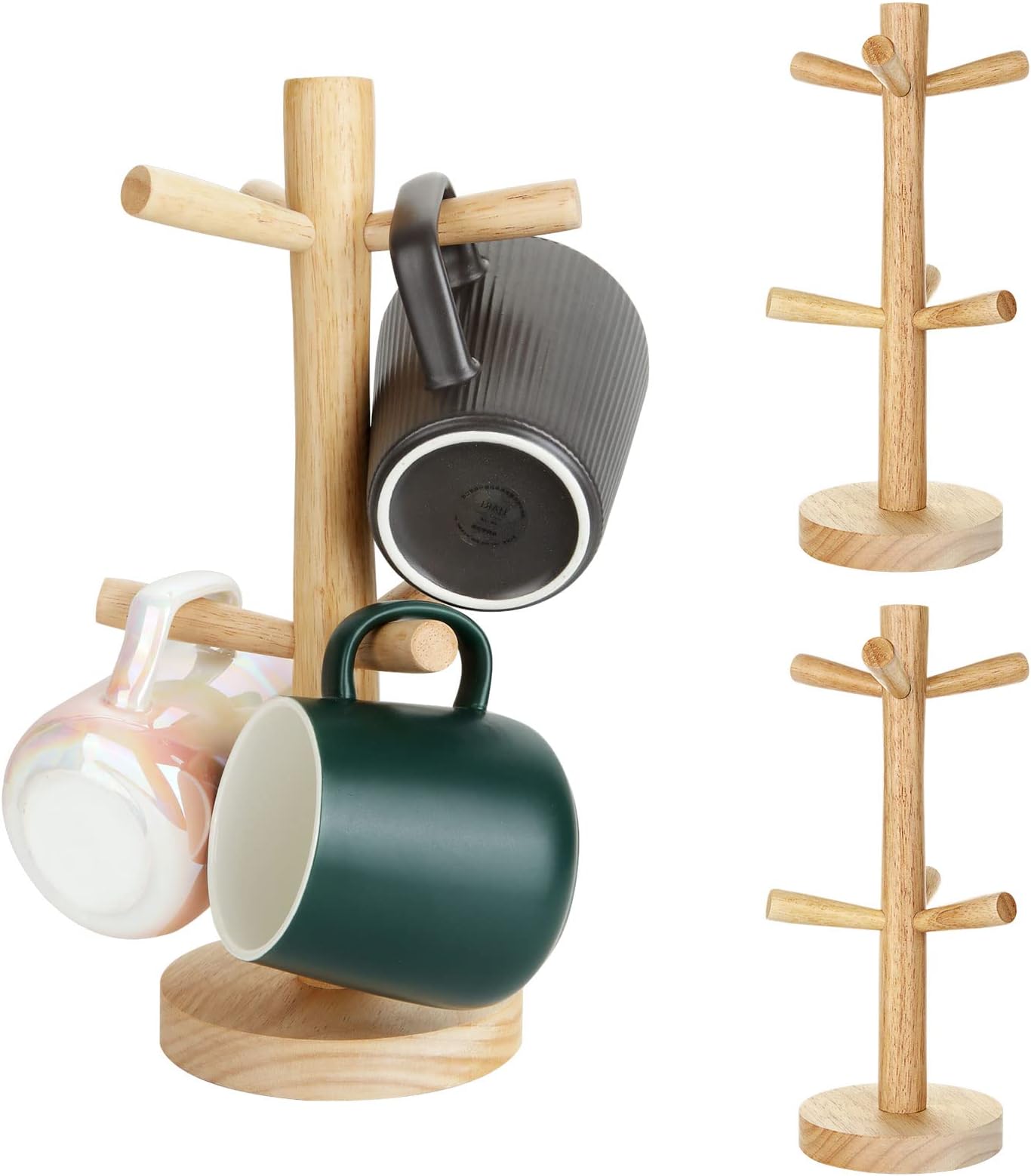 YAYODS 3 Set Wooden Mug Tree, Free Standing 6 Cup Holder with Base ...