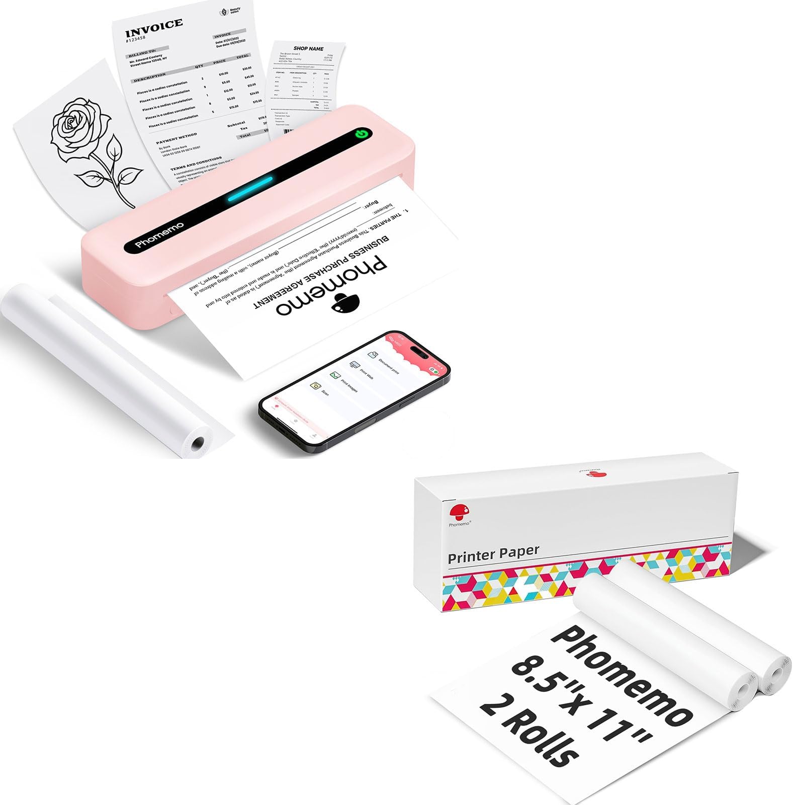 Amazon.com: Phomemo M832 Portable Thermal Printer Pink & 2 Rolls ...