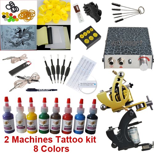 Amazon.com: Basic Tattoo Kit with 2 Tattoo Machine Gun and 8 Color ink ...