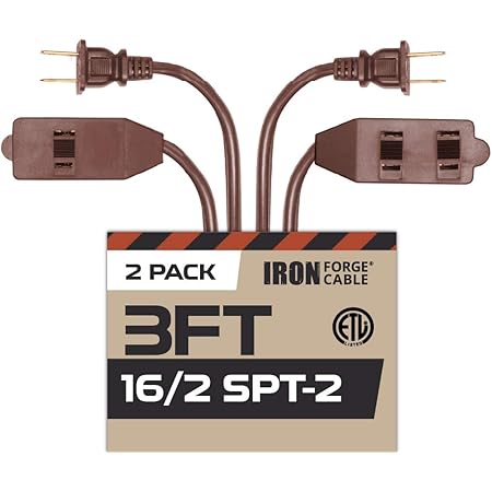 3 Ft Brown Extension Cord 2 Pack - 16/2 Durable Electrical Cable ...