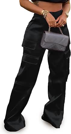 Tapata Petite Womens Satin Cargo Pants High Waisted Wide Leg Casual ...