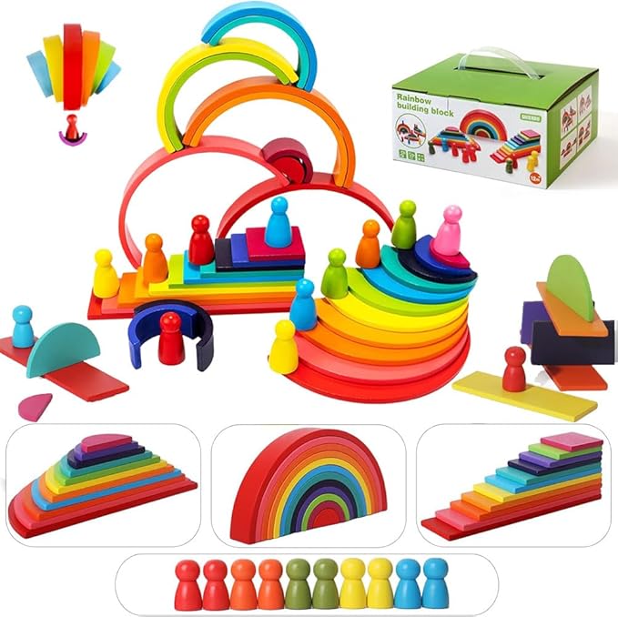 Amazon.com: Generic Wooden Rainbow Stack Set,45-Piece 4-in-1 Rainbow ...