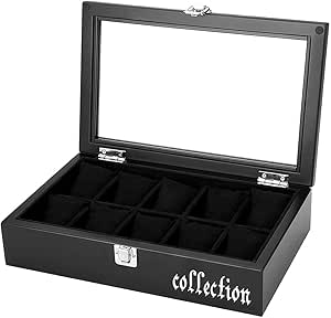 Amazon.co.jp: Anberotta 高級 木製 腕時計 収納 ボックス ケース スタンド 大容量 コレクション 透明ガラス ディスプレイ J141 (ブラック・文字有（10本用 ...