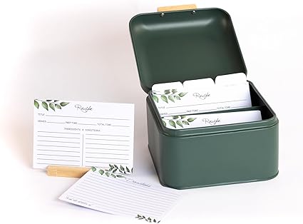 Amazon.com: Large Recipe Box with Cards and Dividers – Tin Recipe Card ...