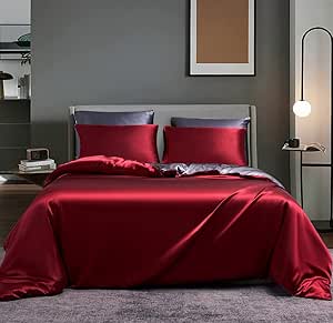 RSNIRCH Red Duvet Cover Set Double Satin Silk Red and Grey Bedding Set ...