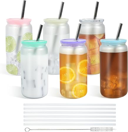 Lot de 6 bocaux Mason en plastique avec couvercles et pailles, 473,6 g ...