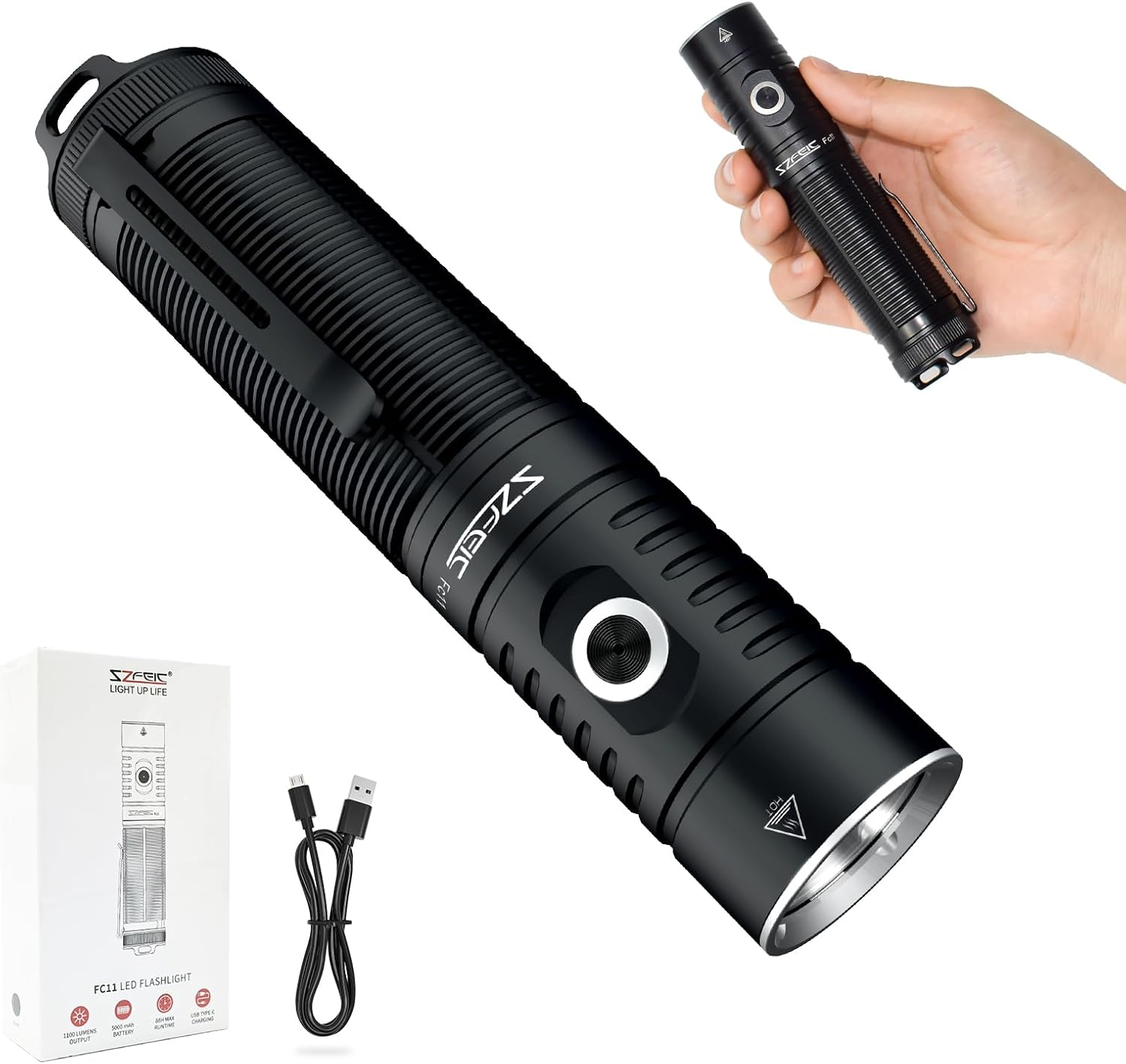 SZFEIC Led Flashlight Rechargeable 1100 Lumens, IPX8 Waterproof Tactical Flashlights, Powerful 5 ...