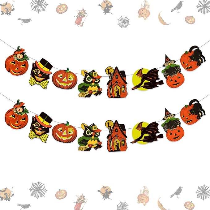 Amazon.com: 2PCS Vintage Halloween Bunting Banner with Pumpkin Owl ...