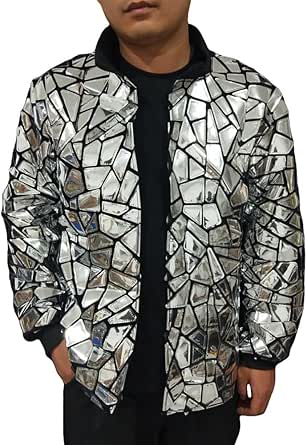 Amazon.com: LOBUDEK Men Silver Mirror Jacket Shiny Causal Coat Stage ...