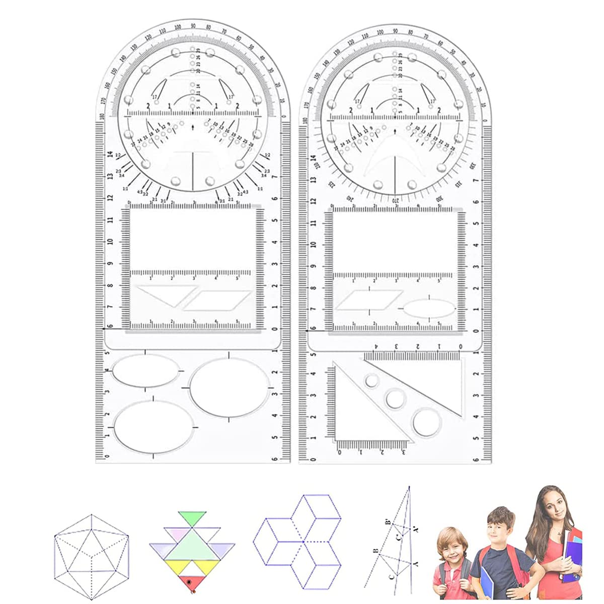 2pcsMultifunctional Geometric Ruler,Mathematics Drawing Ruler ...