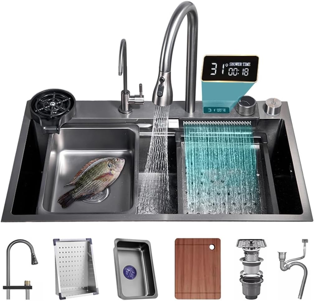 Waterfall Kitchen Sink Set 304 Stainless Steel Kitchen Sink Nano Coated ...
