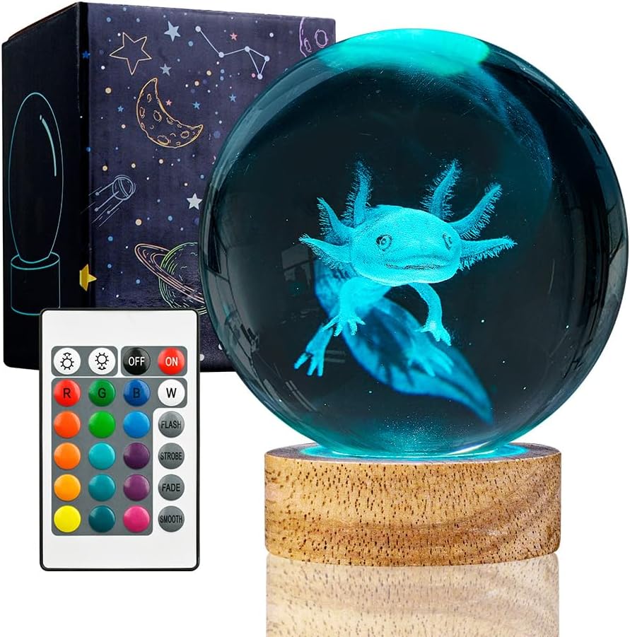 YYLZEPHB 3D Axolotl Crystal Ball Night Light with Woodern Base,16 ...