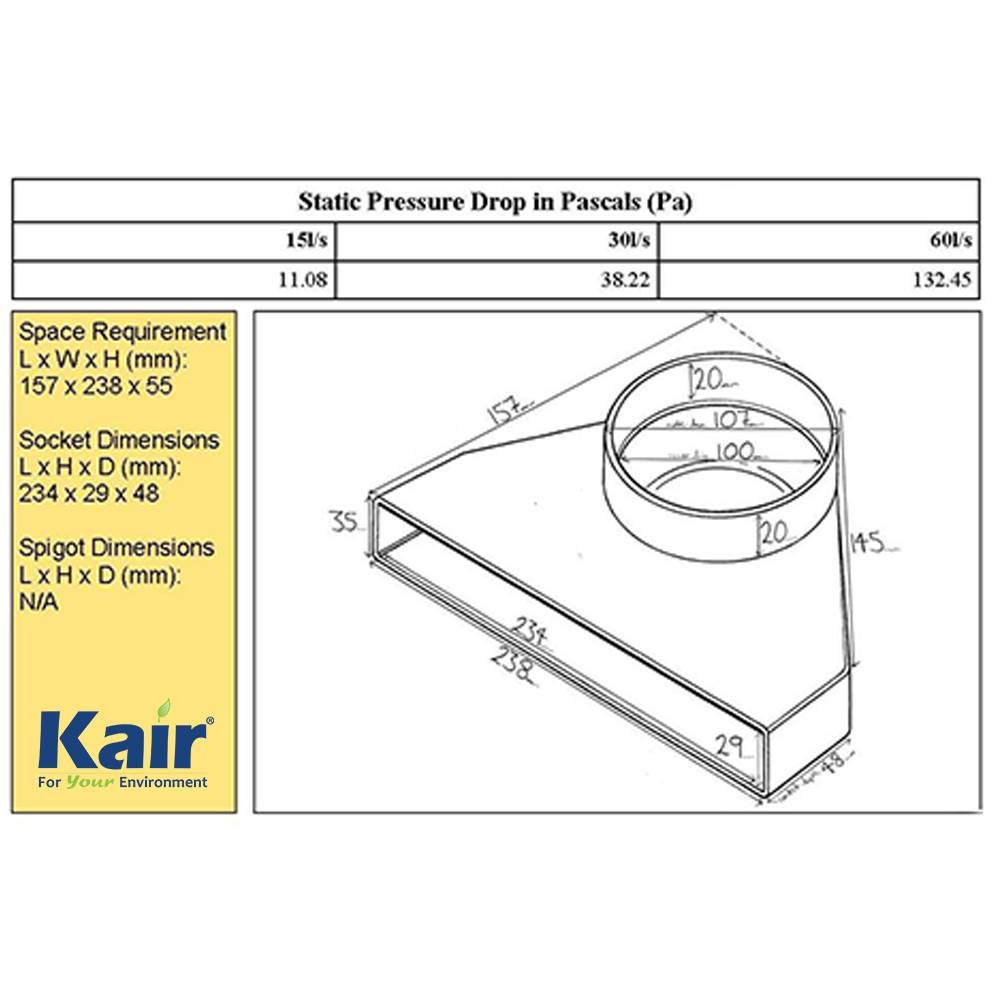 Kair Plenum Elbow Bend Adaptor 234mm x 29mm to 100mm - 4 inch ...