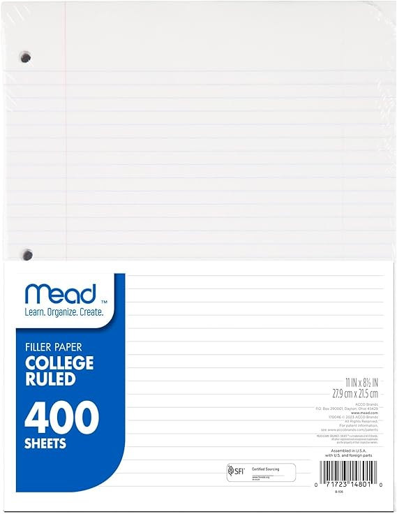 Amazon.com : Mead Loose Leaf Paper, College Ruled Filler Notebook Paper ...