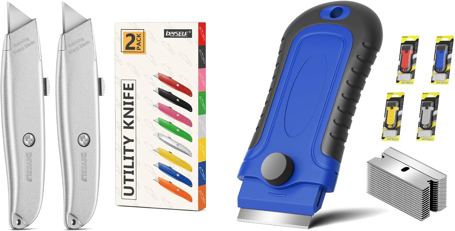 DIYSELF 2Pack Silver Utility Knife and 1 Blue Razor Blade Scraper with ...