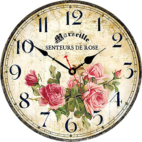 Toudorp Wood Pink Roses Wall Clock, 12 Inch Arabic Numeral Silent ...